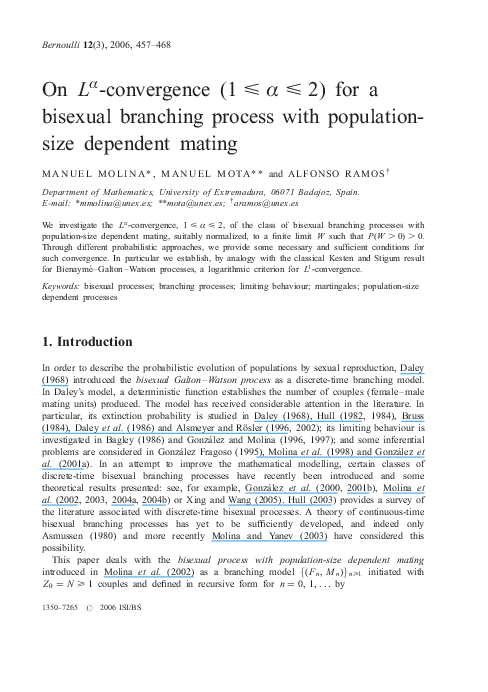 (PDF) On Lα-convergence (1≤α≤2) for a bisexual branching process with population-size dependent ...