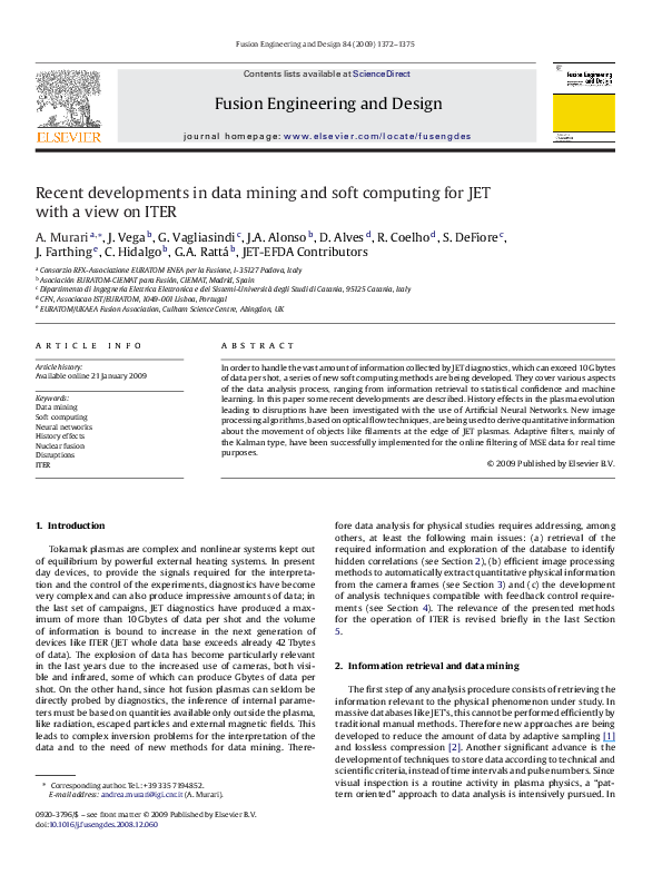 (PDF) Recent developments in data mining and soft computing for JET with a view on ITER