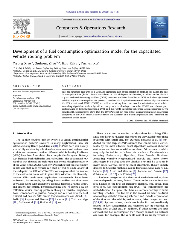 Pdf Development Of A Fuel Consumption Optimization Model For The Capacitated Vehicle Routing