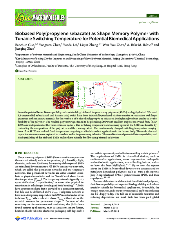 (PDF) Biobased Poly(propylene sebacate) as Shape Memory Polymer with Tunable Switching ...