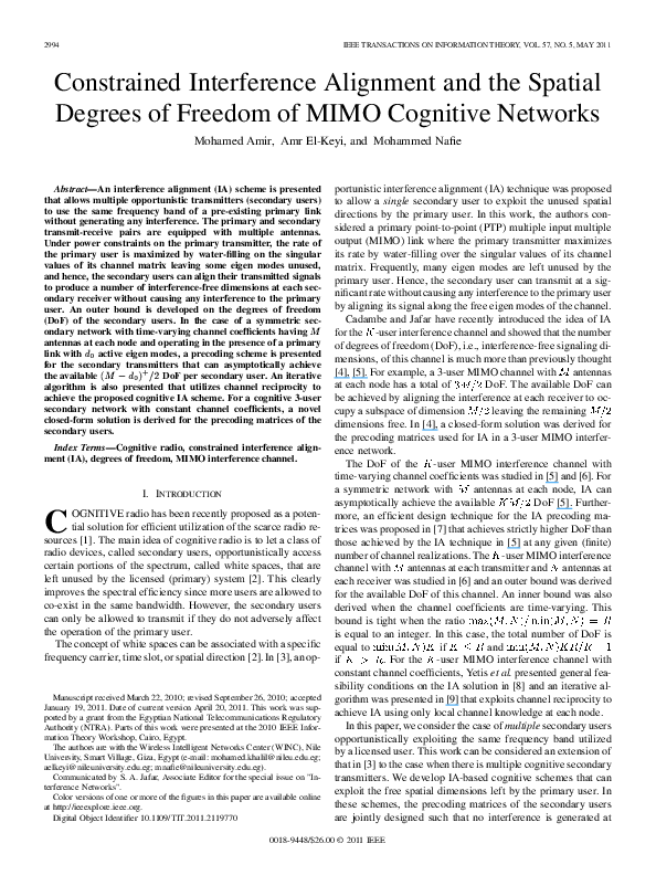 Pdf Constrained Interference Alignment And The Spatial Degrees Of Freedom Of Mimo Cognitive