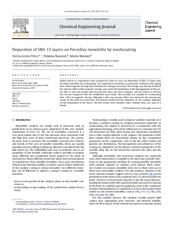 (PDF) Deposition of SBA-15 layers on Fecralloy monoliths by washcoating