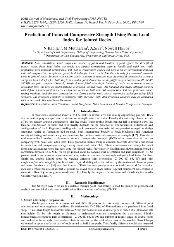 Pdf Prediction Of Uniaxial Compressive Strength Using Point Load Index For Jointed Rocks