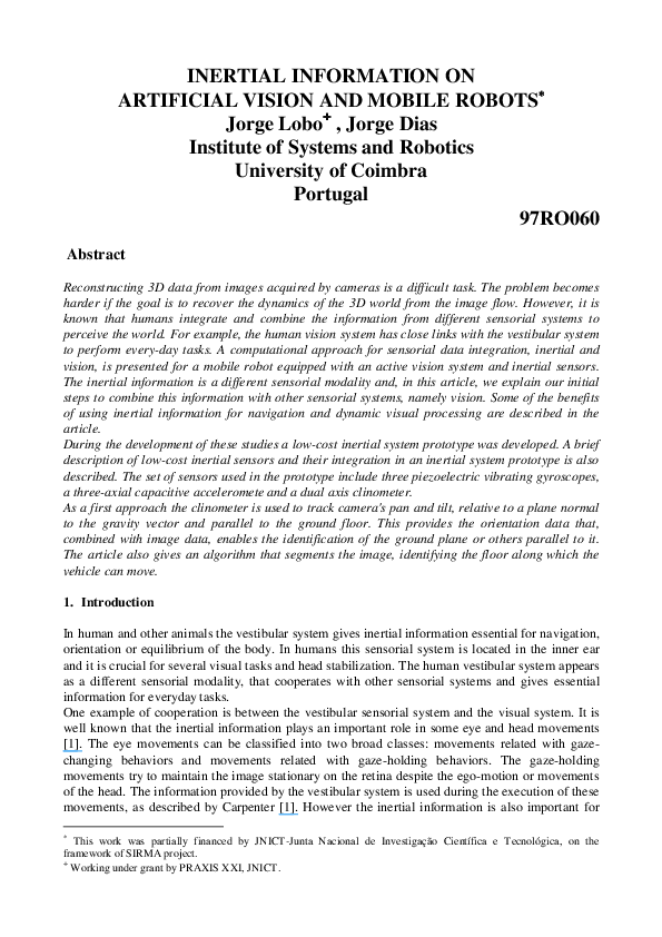 (PDF) Integrating Inertial and Visual Sensors in Robots