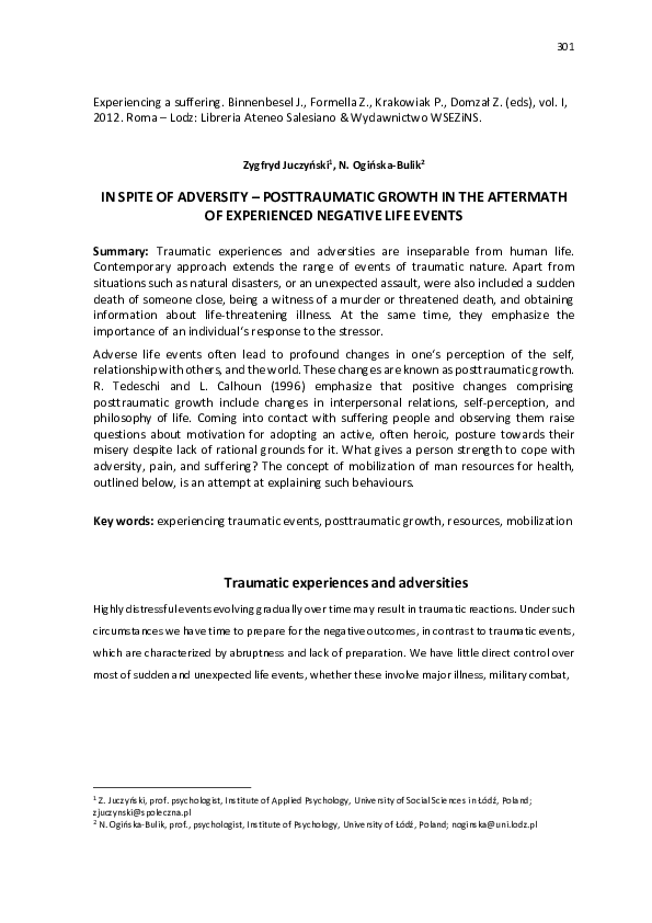 (PDF) IN SPITE OF ADVERSITY – POSTTRAUMATIC GROWTH IN THE AFTERMATH OF EXPERIENCED NEGATIVE LIFE ...