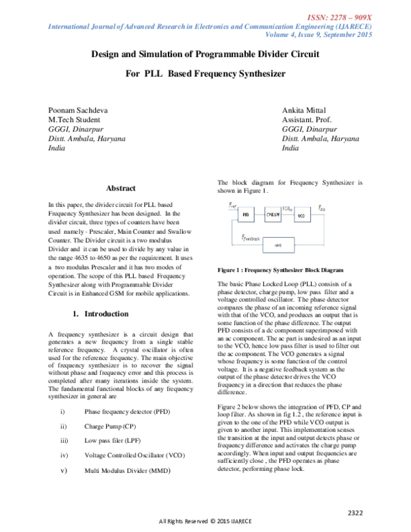 Design And Simulation Of Programmable Divider Circuit For Pll Based