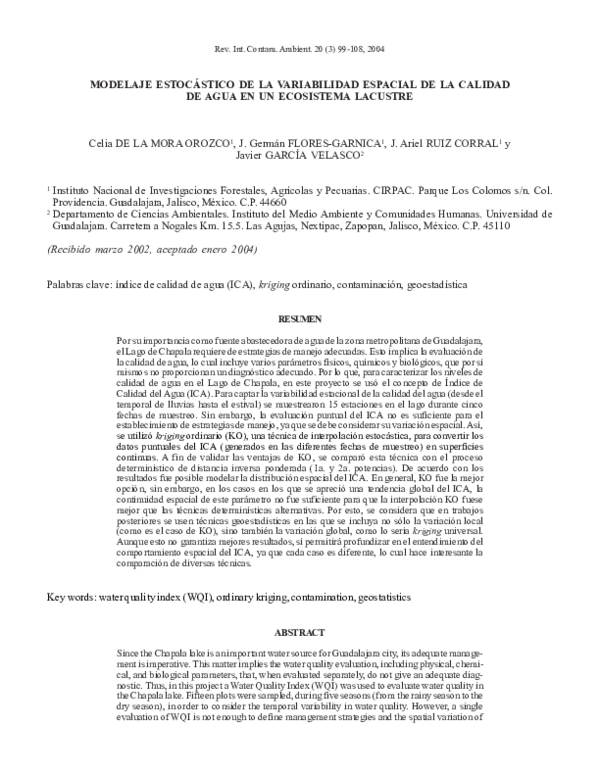 (PDF) MODELAJE ESTOCÁSTICO DE LA VARIABILIDAD ESPACIAL DE LA CALIDAD DE AGUA EN UN ECOSISTEMA ...