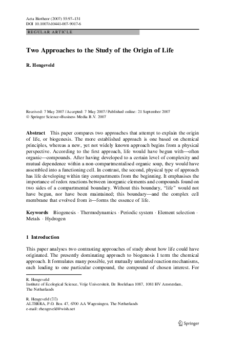(PDF) Two Approaches to the Study of the Origin of Life