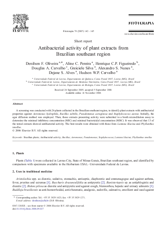 Pdf Antibacterial Activity Of Plant Extracts From Brazilian Southeast