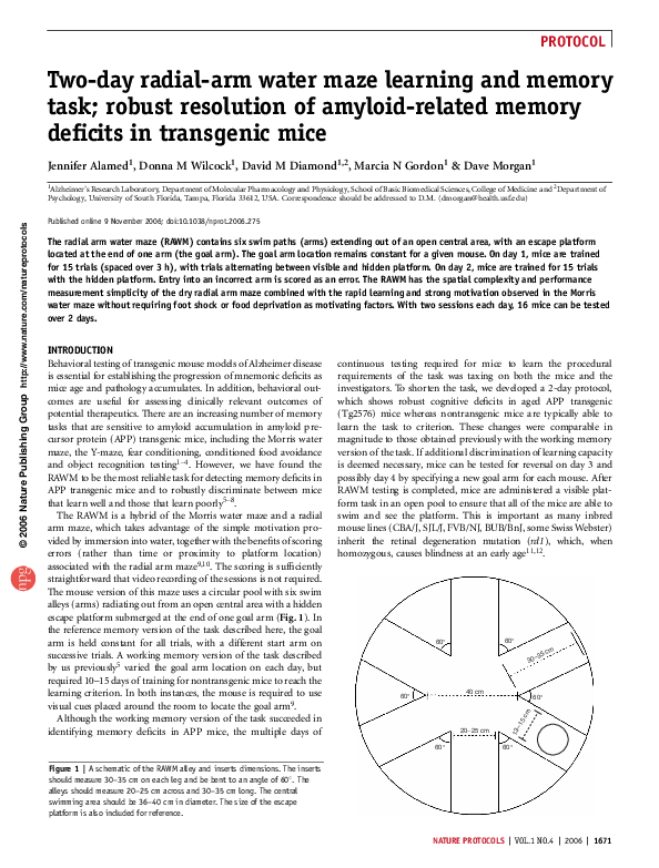 (PDF) Two-day radial-arm water maze learning and memory task; robust resolution of amyloid ...