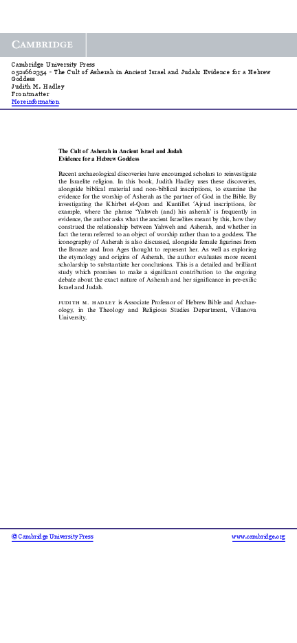 (PDF) The Cult of Asherah in Ancient Israel and Judah: Evidence for a ...