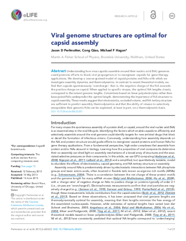 (PDF) Viral genome structures are optimal for capsid assembly