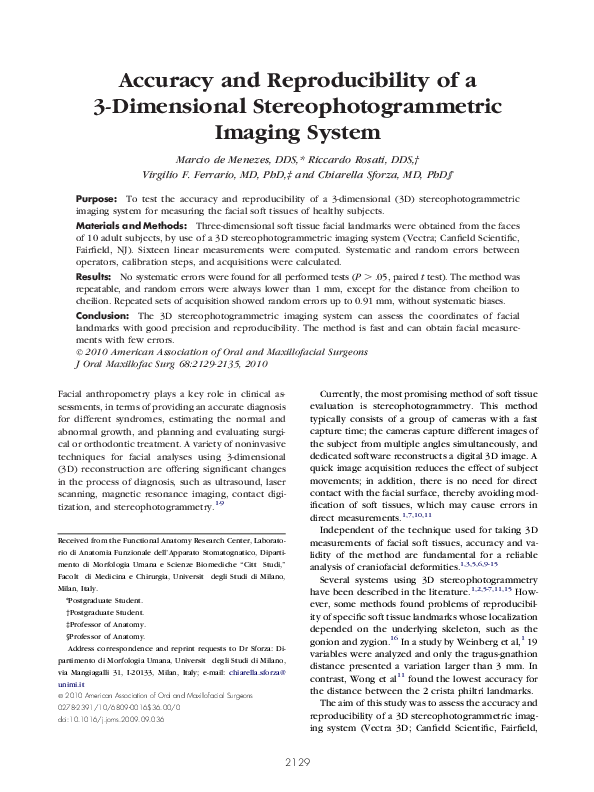 (PDF) Accuracy and Reproducibility of a 3Dimensional Stereophotogrammetric Imaging System
