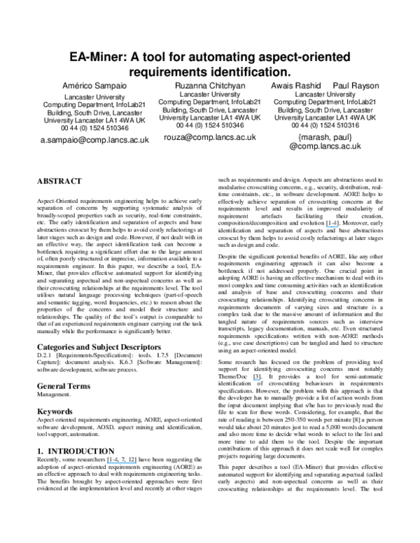 (PDF) EA-Miner: a tool for automating aspect-oriented requirements identification