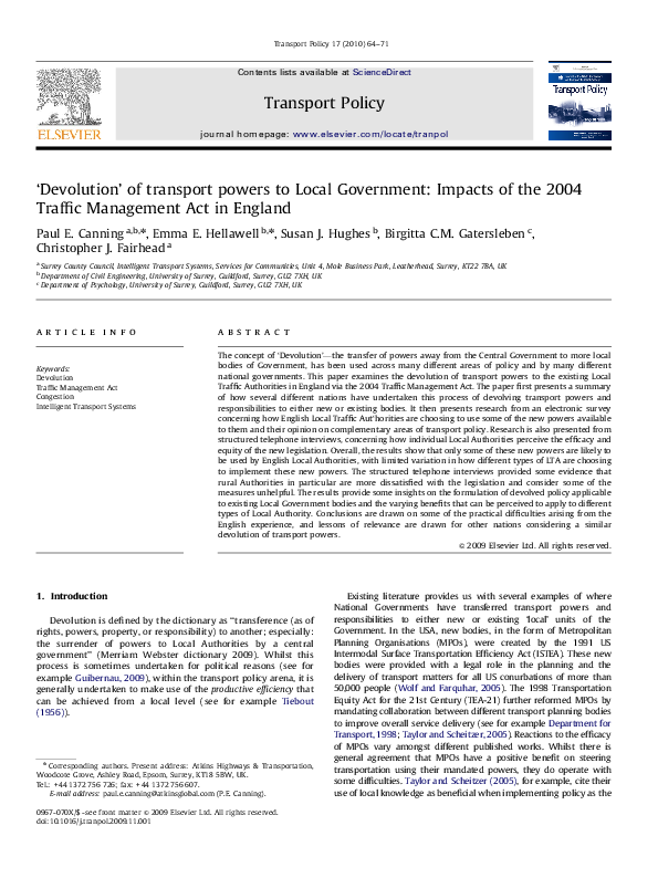(PDF) Devolution’ of transport powers to Local Government: Impacts of ...