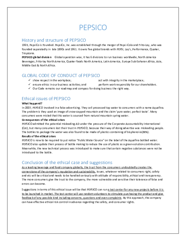 (PDF) PEPSICO History and structure of PEPSICO GLOBAL CODE OF CONDUCT ...