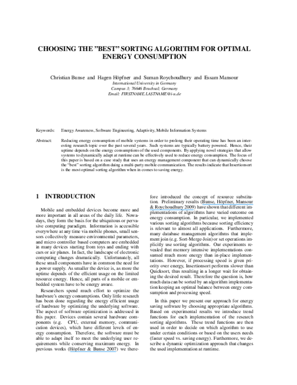 Pdf Choosing The Best Sorting Algorithm For Optimal Energy Consumption