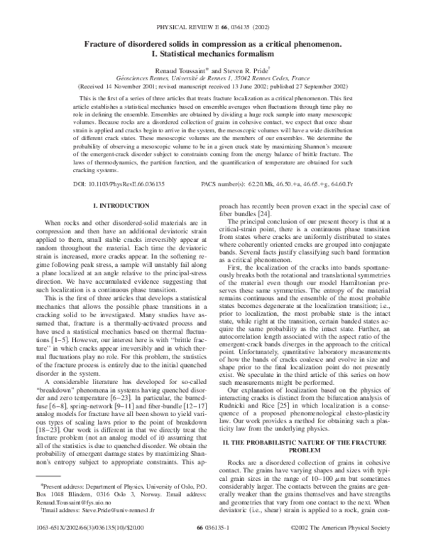 (PDF) Fracture of disordered solids in compression as a critical phenomenon. I. Statistical ...