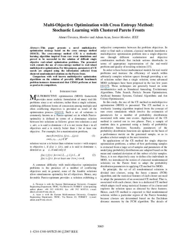 Pdf Multi Objective Optimization With Cross Entropy Method Stochastic Learning With Clustered