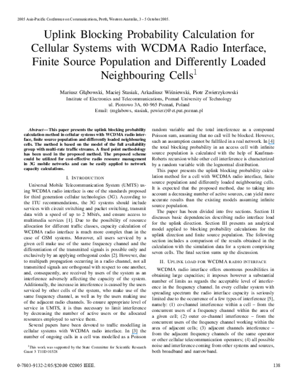 (PDF) Uplink Blocking Probability for a Cell with WCDMA Radio Interface and Differently Loaded ...
