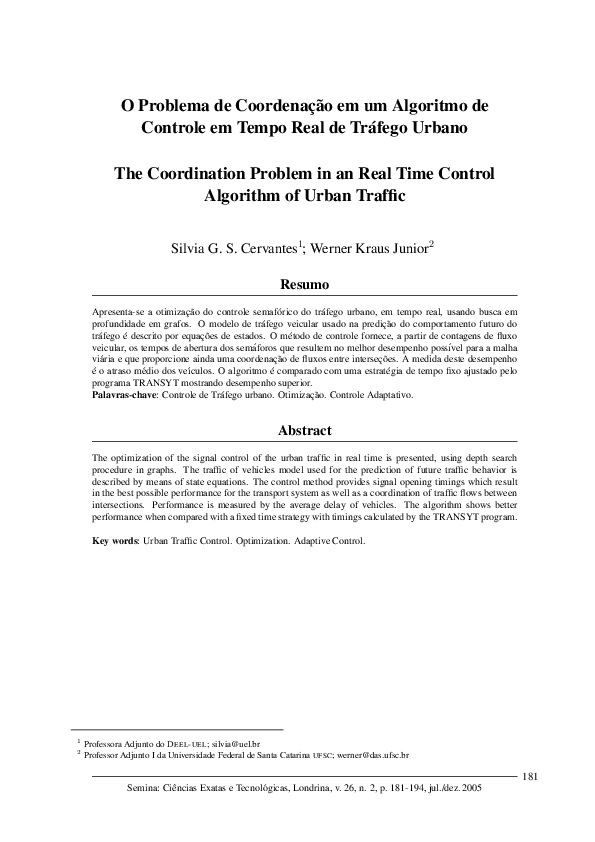 Pdf O Problema De Coordenação Em Um Algoritmo De Controle Em Tempo Real De Tráfego Urbano