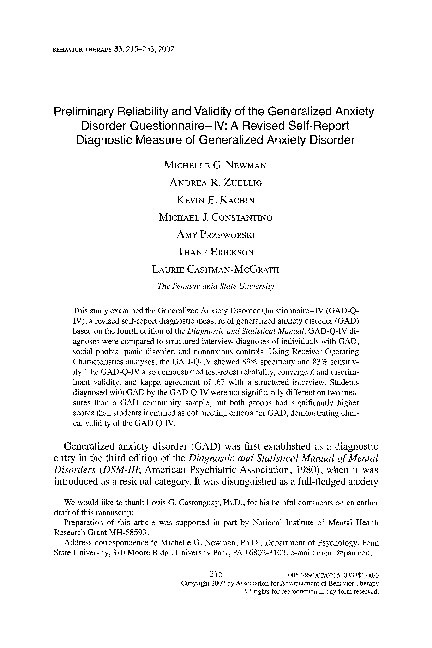 (PDF) Preliminary reliability and validity of the GAD-Q-IV: A revised ...