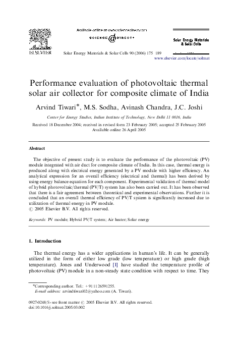 (PDF) Performance evaluation of photovoltaic thermal solar air collector for composite climate ...