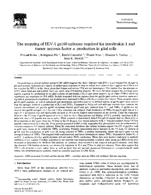 (PDF) The mapping of HIV-1 gpl60 epitopes required for interleukin-1 and tumor necrosis factor a ...