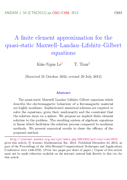 Pdf A Finite Element Approximation For The Quasi Static Maxwell