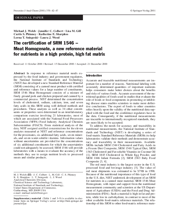 (PDF) The certification of SRM 1546 - Meat Homogenate, a new reference ...