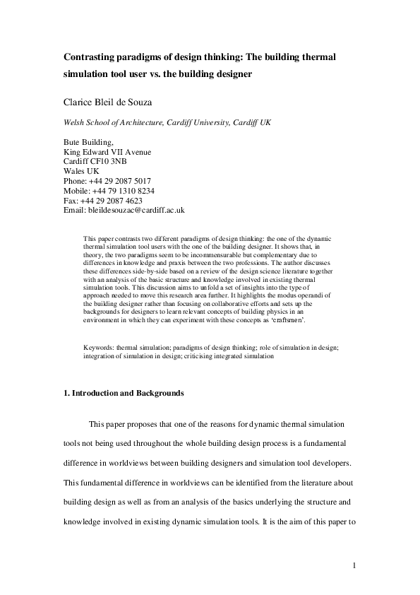 Pdf Contrasting Paradigms Of Design Thinking The Building Thermal Simulation Tool User Vs