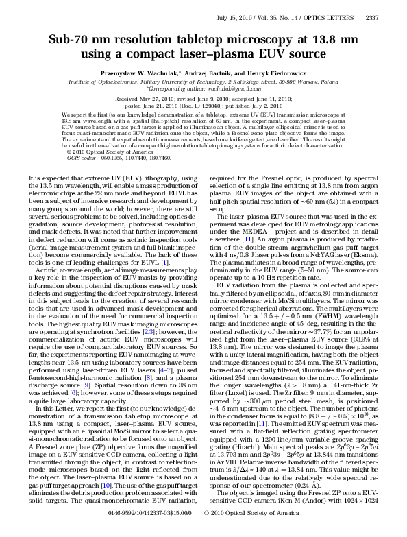(PDF) Sub-70 nm resolution tabletop microscopy at 13.8 nm using a ...