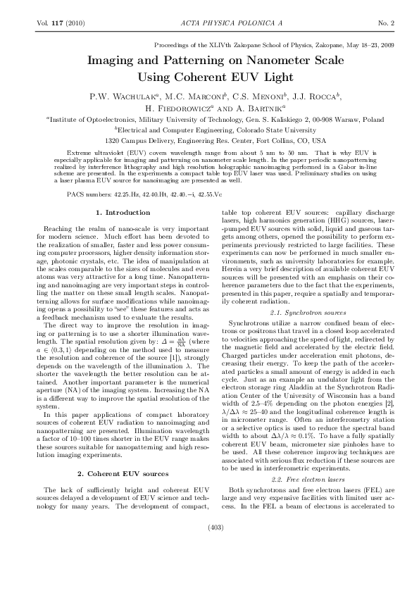 (PDF) Imaging and Patterning on Nanometer Scale Using Coherent EUV Light