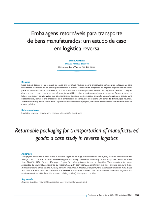 (PDF) Returnable packaging for transportation of manufactured goods: a ...