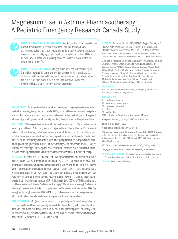 (PDF) Magnesium Use in Asthma Pharmacotherapy: A Pediatric Emergency ...