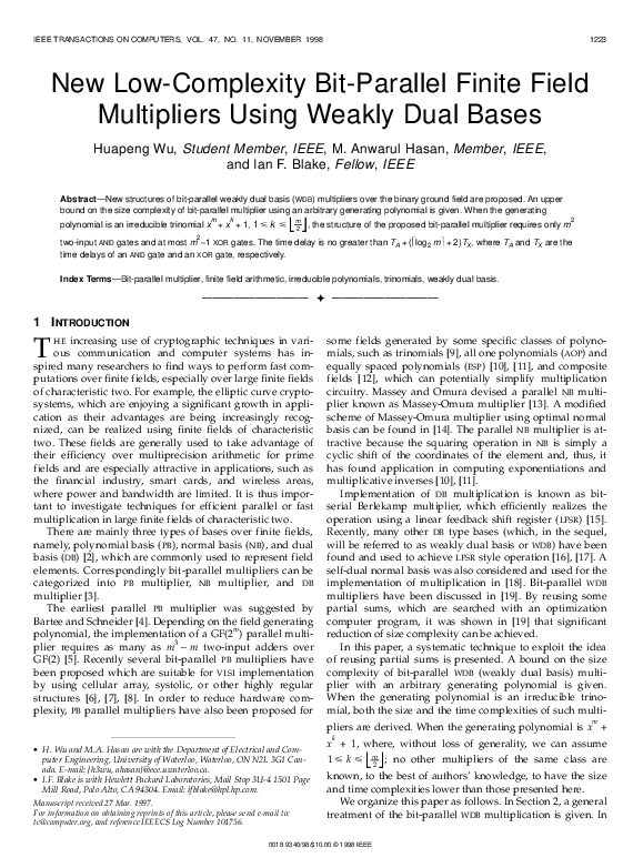 Pdf New Low Complexity Bit Parallel Finite Field Multipliers Using