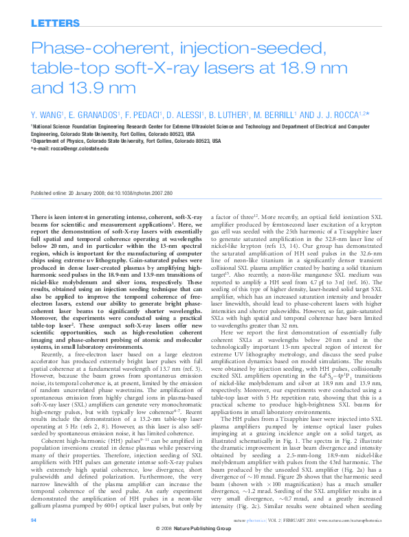 (PDF) Phase-coherent, injection-seeded, table-top soft-X-ray lasers at ...