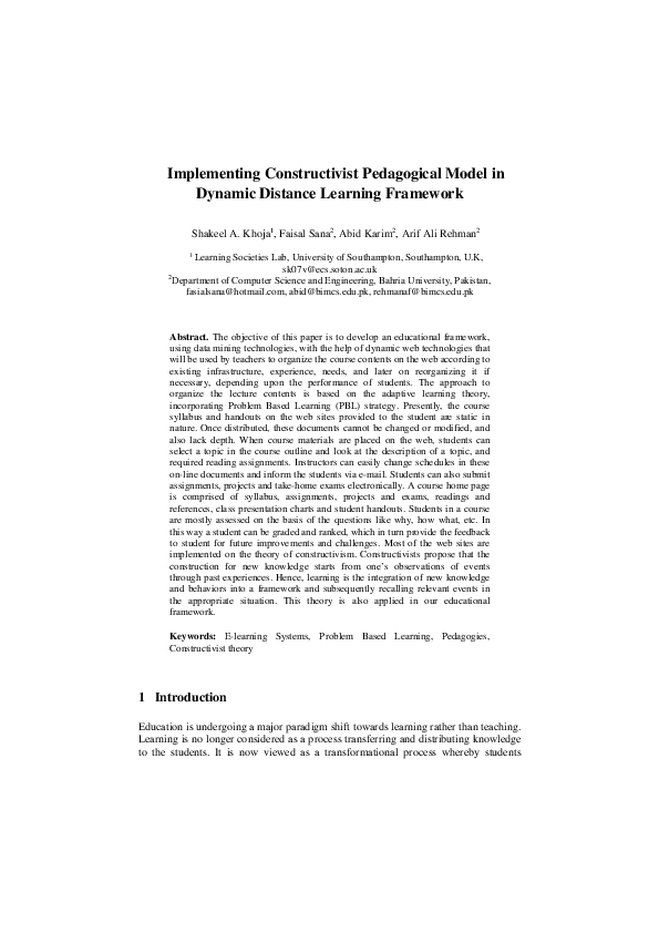 (PDF) Implementing Constructivist Pedagogical Model in Dynamic Distance Learning Framework