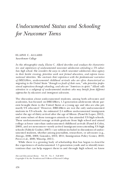(PDF) Undocumented Status and Schooling for Newcomer Teens