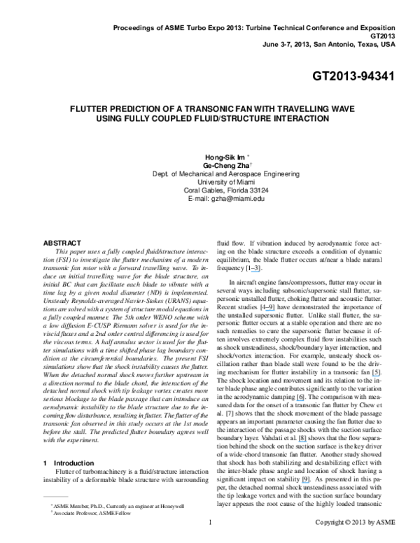 Pdf Flutter Prediction Of A Transonic Fan With Travelling Wave Using Fully Coupled Fluid