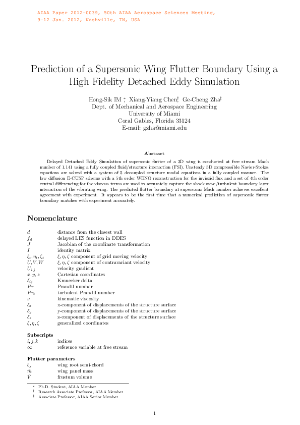 (PDF) Prediction of a Supersonic Wing Flutter Boundary Using a High Fidelity Detached Eddy ...