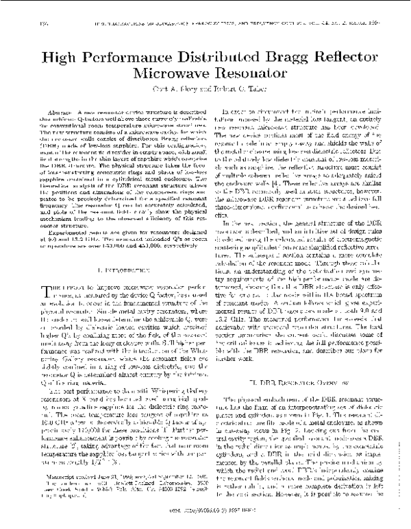 (PDF) High performance distributed Bragg reflector microwave resonator