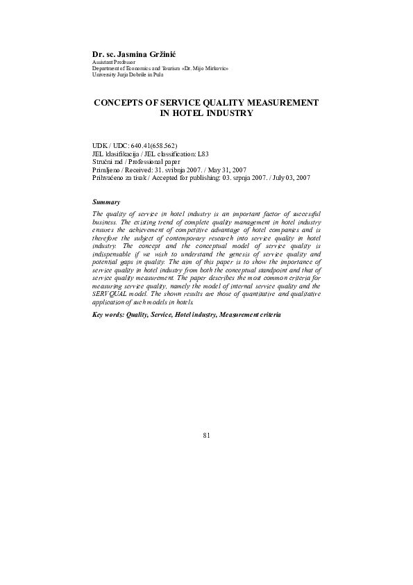 (PDF) CONCEPTS OF SERVICE QUALITY MEASUREMENT IN HOTEL INDUSTRY