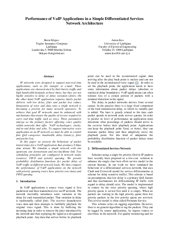 Pdf Performance Of Voip Applications In A Simple Differentiated Services Network Architecture