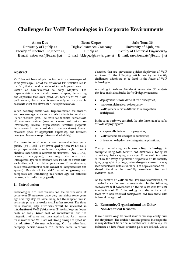 (PDF) Challenges for VoIP Technologies in Corporate Environments