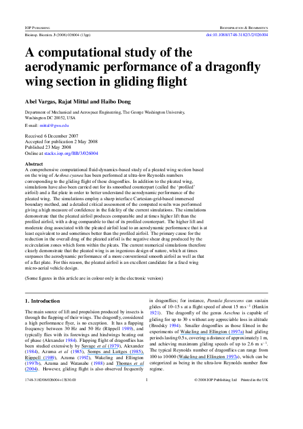 (PDF) A computational study of the aerodynamic performance of a dragonfly wing section in ...