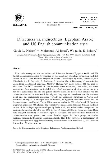 (PDF) Directness vs. indirectness: Egyptian Arabic and US English ...
