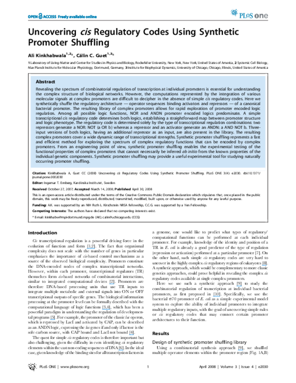 (PDF) Uncovering cis Regulatory Codes Using Synthetic Promoter Shuffling
