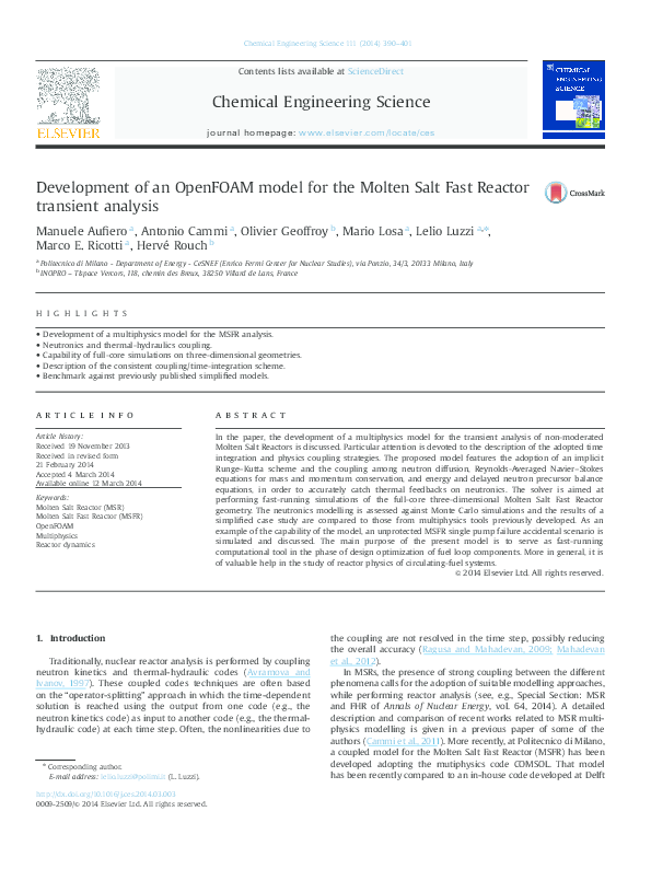 (PDF) Development of an OpenFOAM model for the Molten Salt Fast Reactor transient analysis