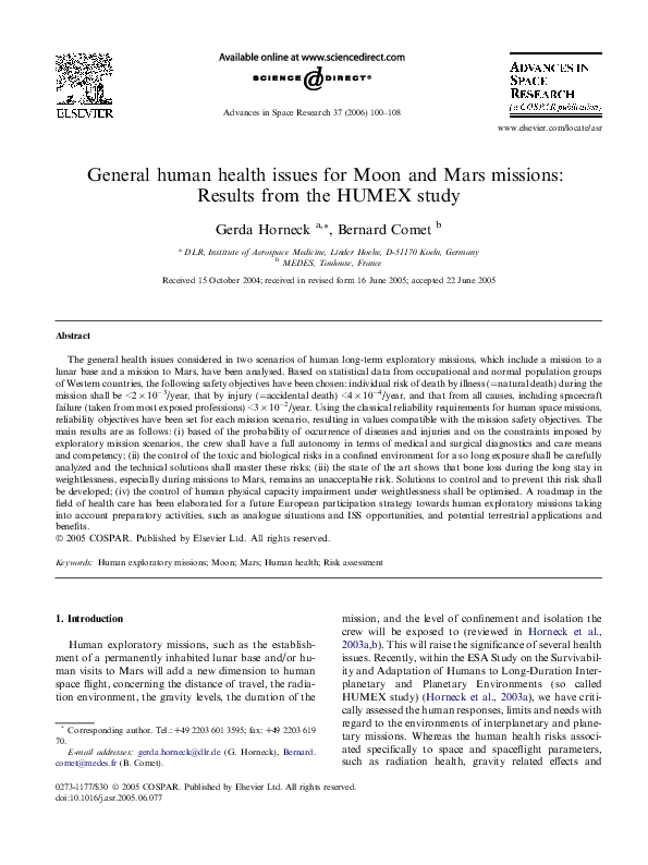 (PDF) General Human Health Issues For Moon And Mars Missions: Results ...